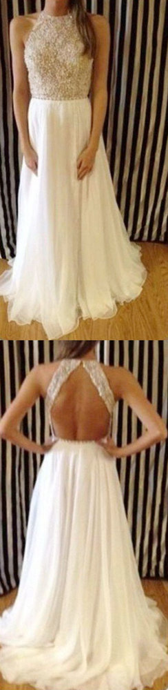 Elegant White Prom Dresses,Halter Prom Dresses,Long Open Back Prom ...