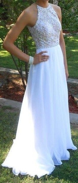 Elegant White Prom Dresses,Halter Prom Dresses,Long Open Back Prom ...